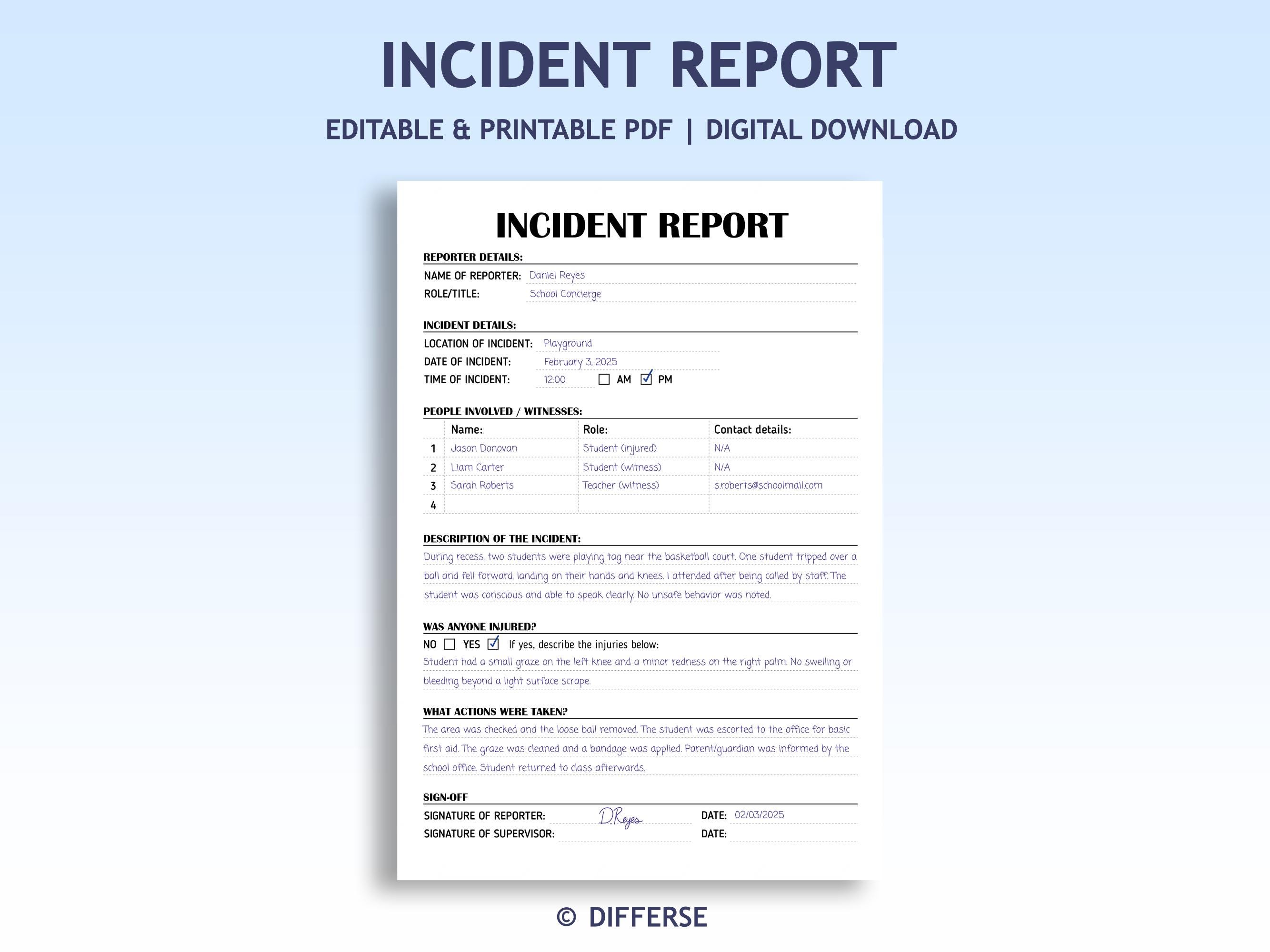 Editable Incident Report Form | Accident Report Sheet | Student Injury ...