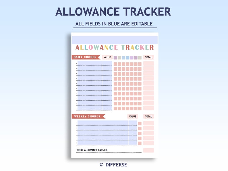 Allowance Tracker for Kids | Allowance Chart | Kids Responsibility ...