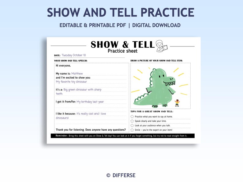 Editable Show and Tell Practice Sheet | Show and Tell Worksheet ...