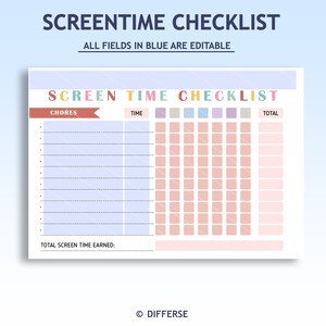 Screen Time Checklist Screen Time Chart Screen Time Tracker Chore Chart ...