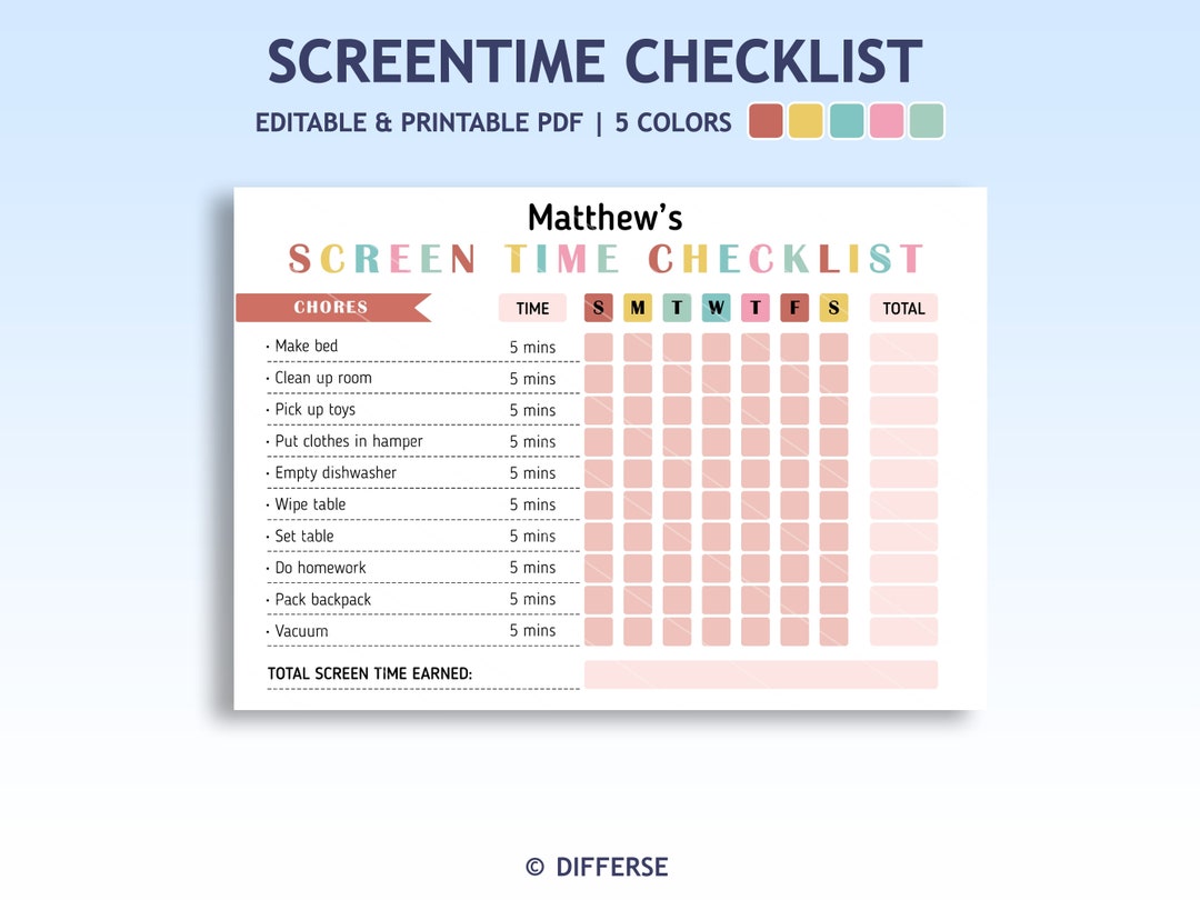 Screen Time Checklist Screen Time Chart Screen Time Tracker Chore Chart ...