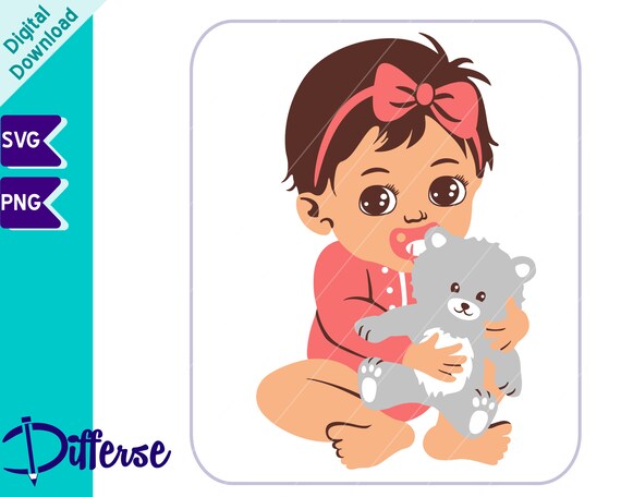 Cute Baby Girl With Teddy Bear SVG Cut File & PNG Baby - Etsy