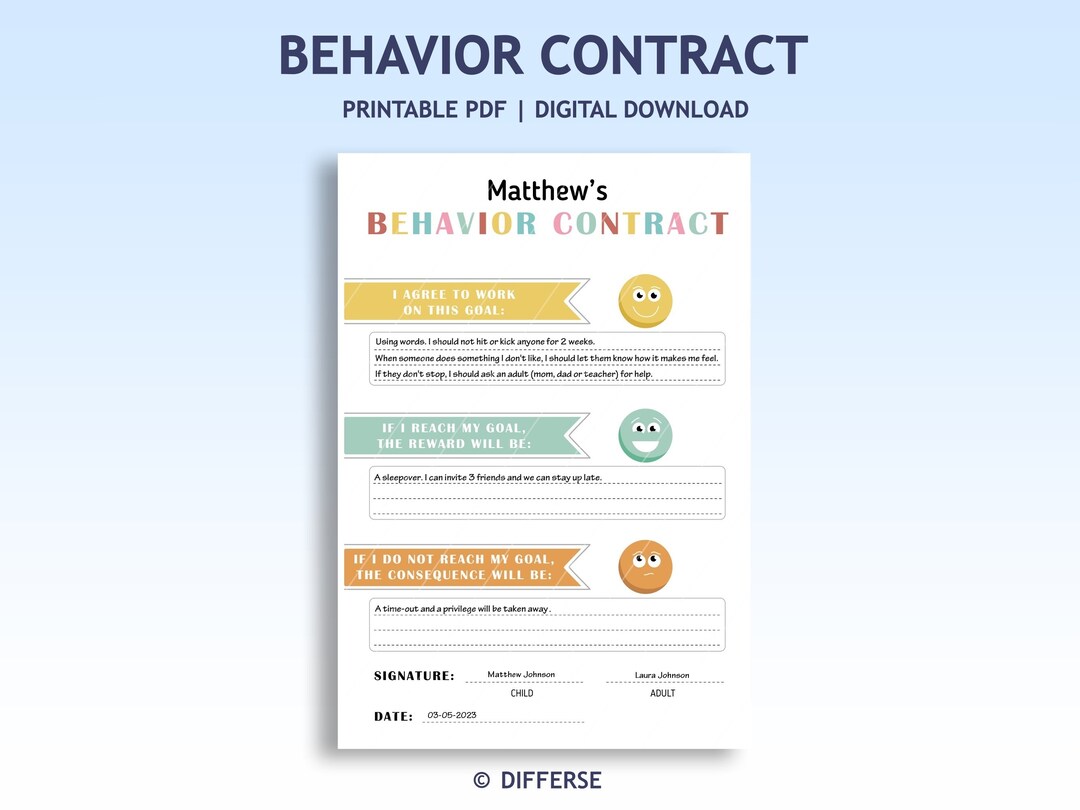 Kids Behavior Contact | Classroom Contract | Kids Behavior Goals ...
