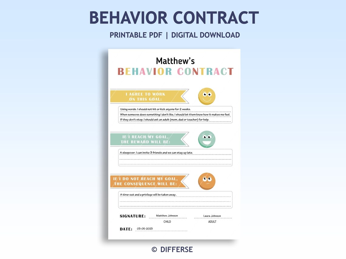 Kids Behavior Contact | Classroom Contract | Kids Behavior Goals ...