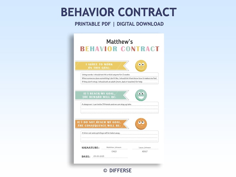 Kids Behavior Contact | Classroom Contract | Kids Behavior Goals ...