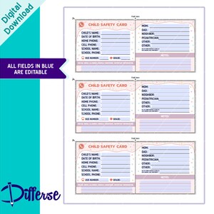 Editable Emergency Contact Card for Kids Backpack Tag - Etsy