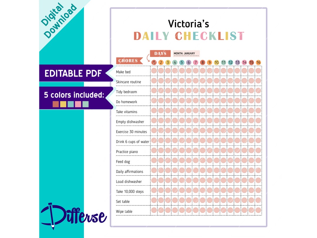 Teen Chore Chart Daily Chore Chart for Teens Printable Chore Chart Kids ...