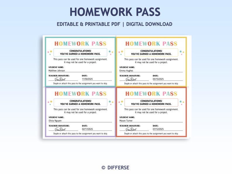 Editable Homework Pass | No Homework | Birthday Homework Pass | Teacher ...