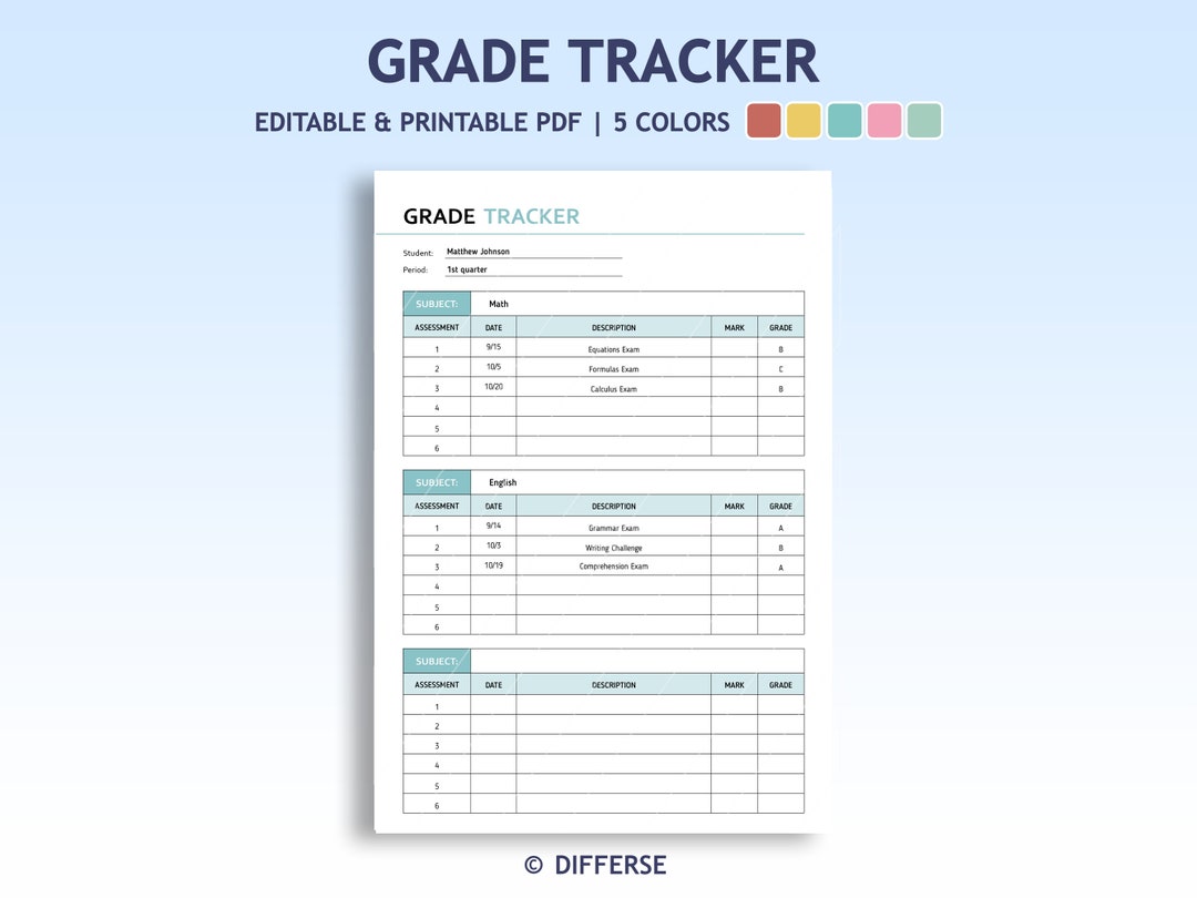 Grade Tracker | Homework Grade Tracker | Homeschool Grade Tracker ...