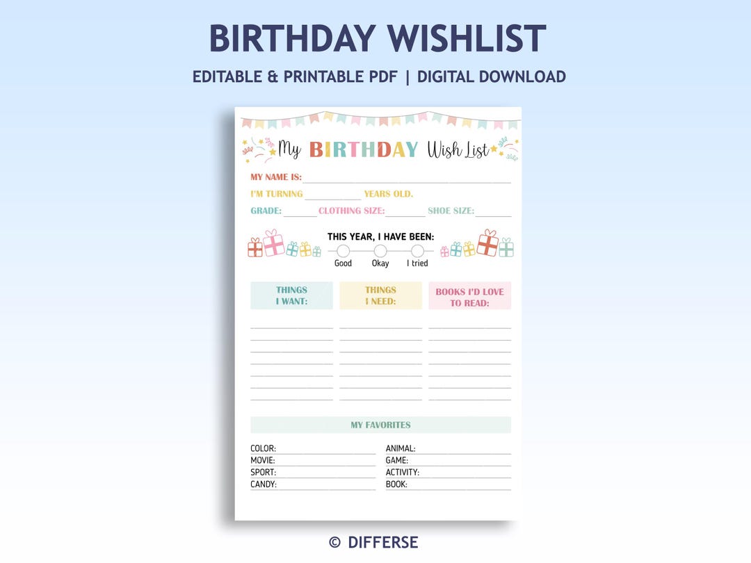 Birthday Wishlist for Kids | Printable Gift Wish List | My Favorite ...