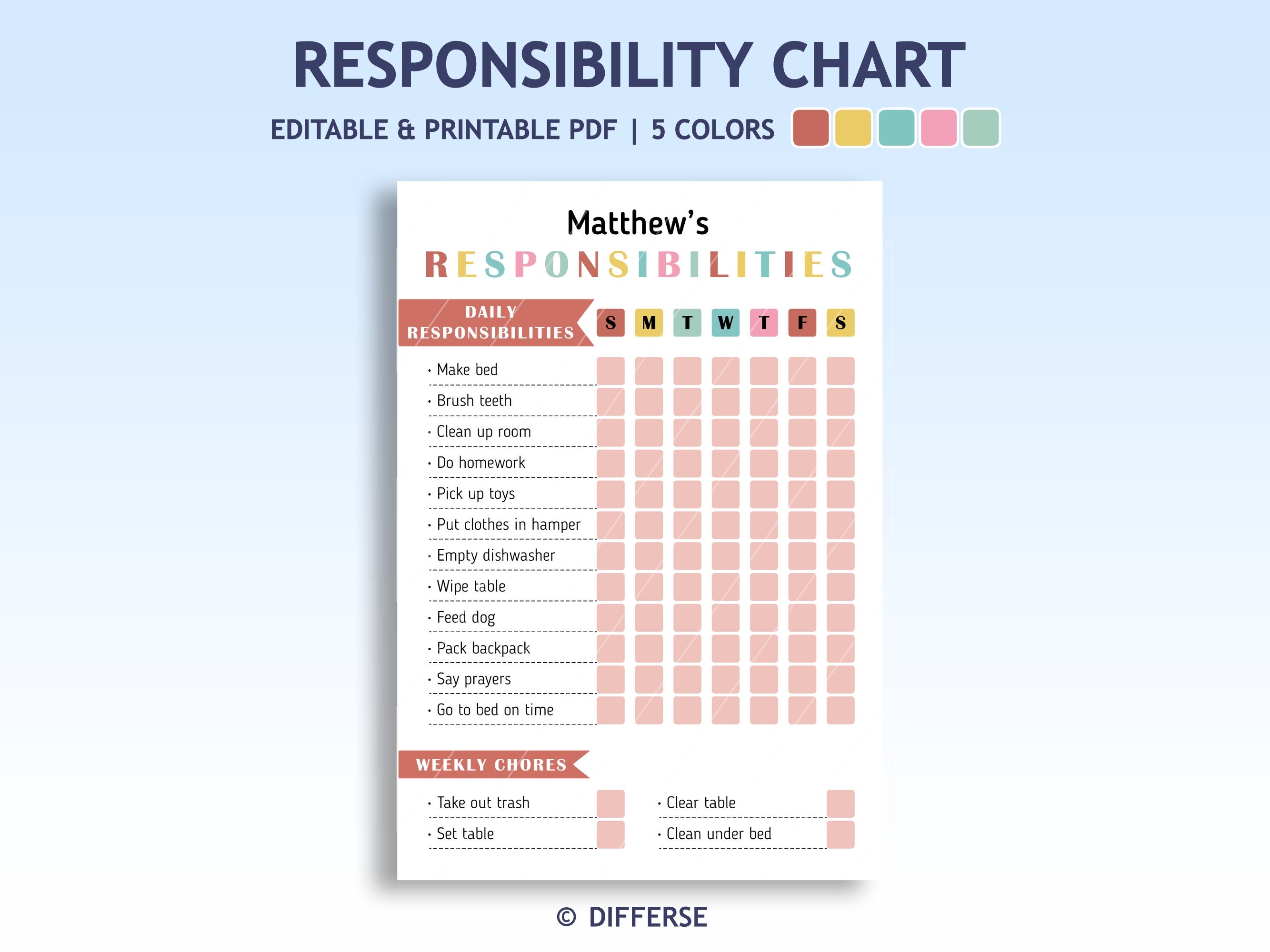 Editable Weekly and Daily Responsibility Chart for Kids | Printable ...