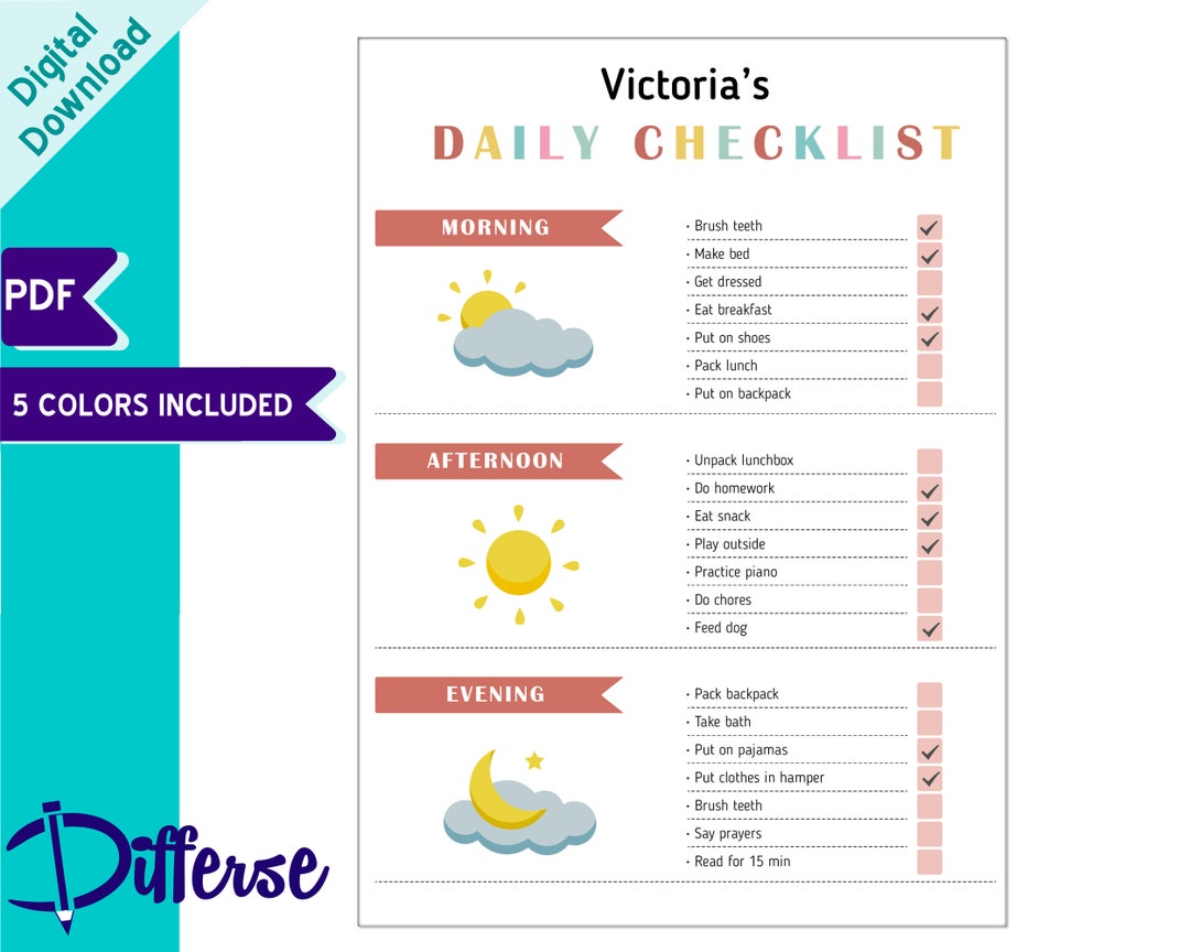 Editable Daily Chore Chart for Kids Daily Routine Chart Daily Checklist ...