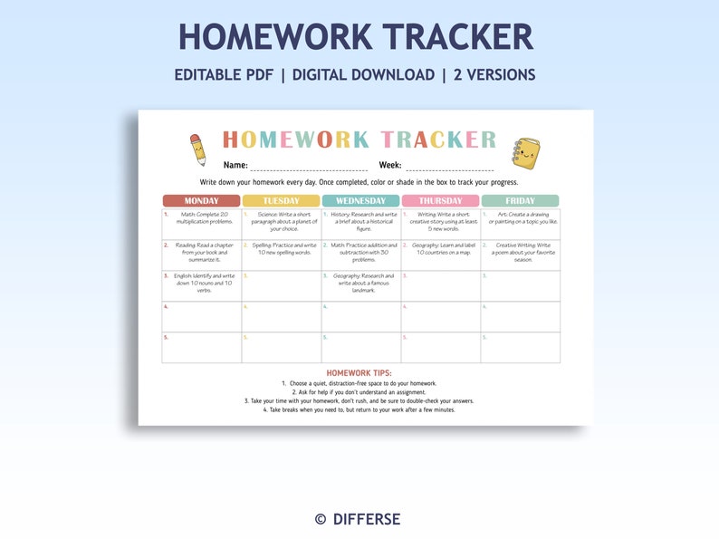 Homework Tracker | Editable Homework Chart | Printable Homework Chart ...