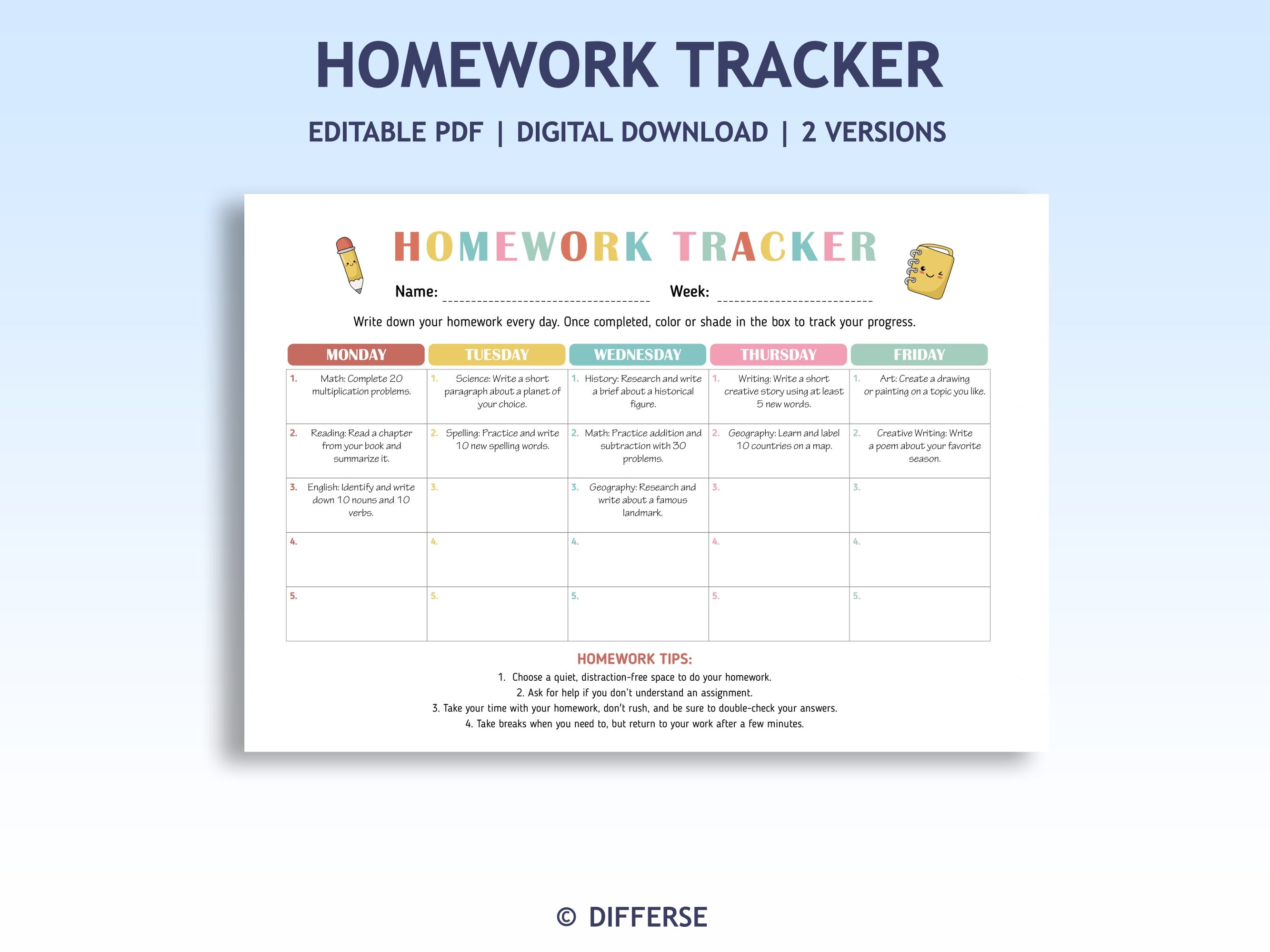 Homework Tracker | Editable Homework Chart | Printable Homework Chart ...