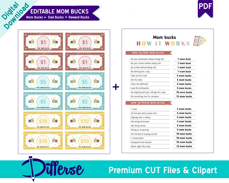 Editable Mom Bucks PDF Reward System for Kids Behavior - Etsy