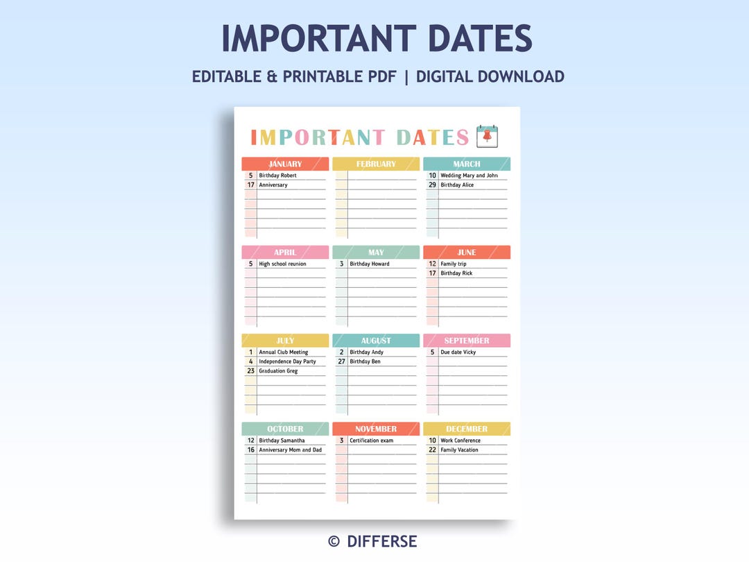 Important Dates Calendar | Family Calendar | Editable Calendar | School ...
