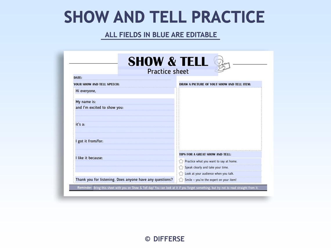Editable Show and Tell Practice Sheet | Show and Tell Worksheet ...