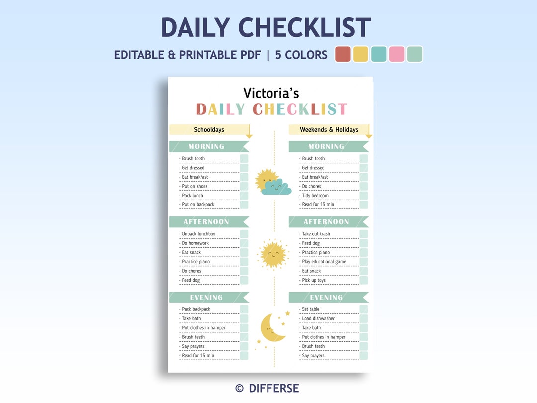 Kids Daily Checklist | Daily Planner | Daily Schedule | to Do Printable ...