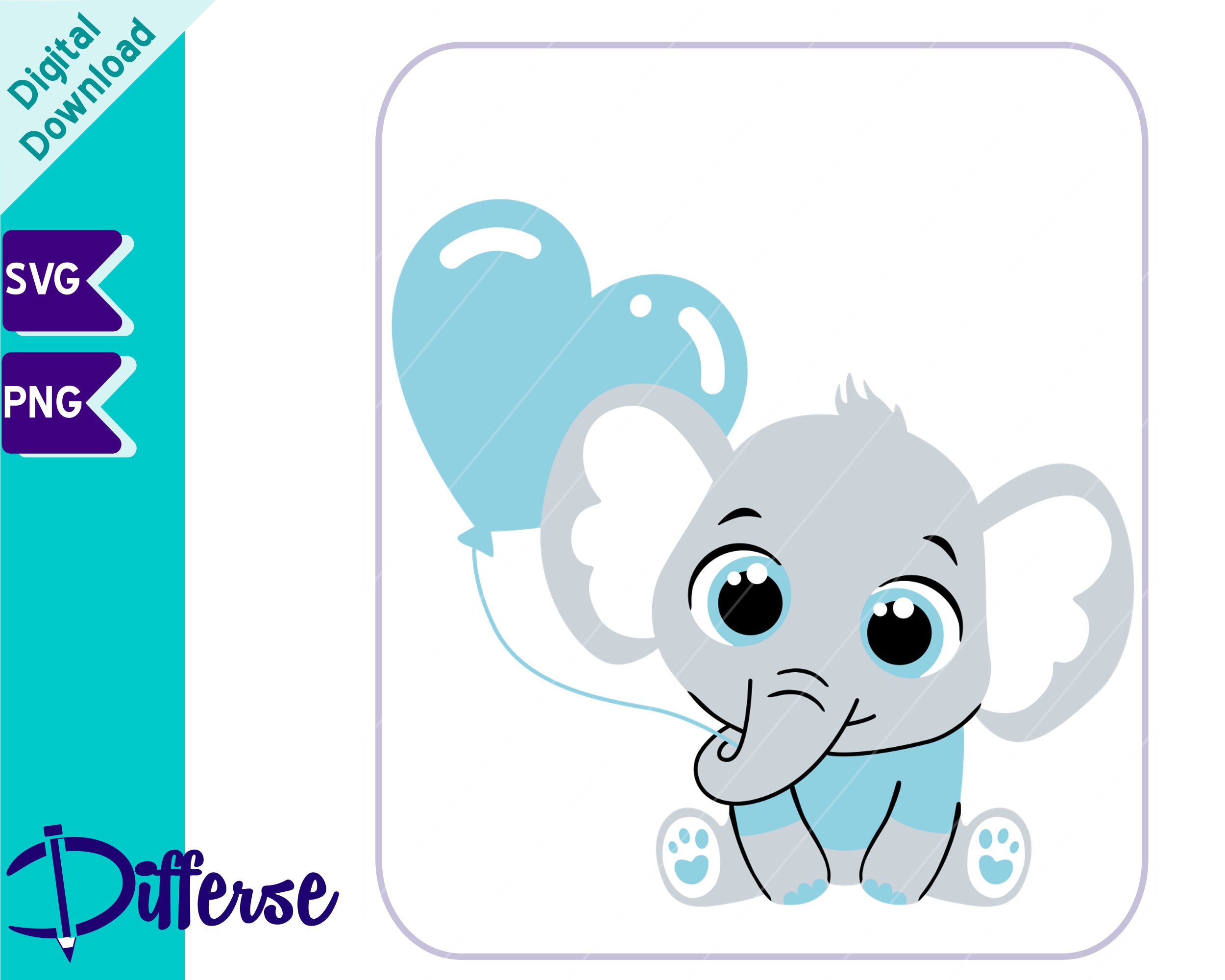 Cute Baby Elephant With Balloon SVG Cut File & PNG Baby | Etsy