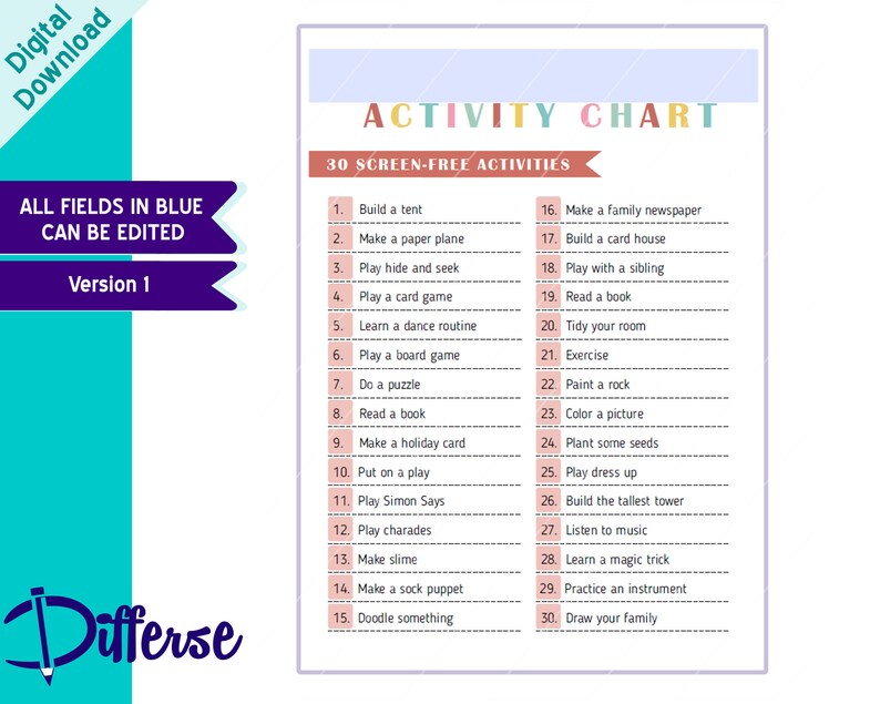 Screen Free Activities for Kids Printable Play Chart Play - Etsy