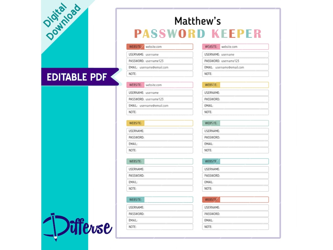 Editable Password Tracker for Kids Password Keeper Password Organizer ...