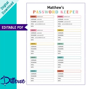 Editable Password Tracker for Kids Password Keeper Password Organizer ...