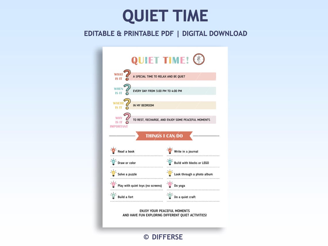 Quiet Time Chart for Kids | Editable Quiet Time Schedule | Printable ...