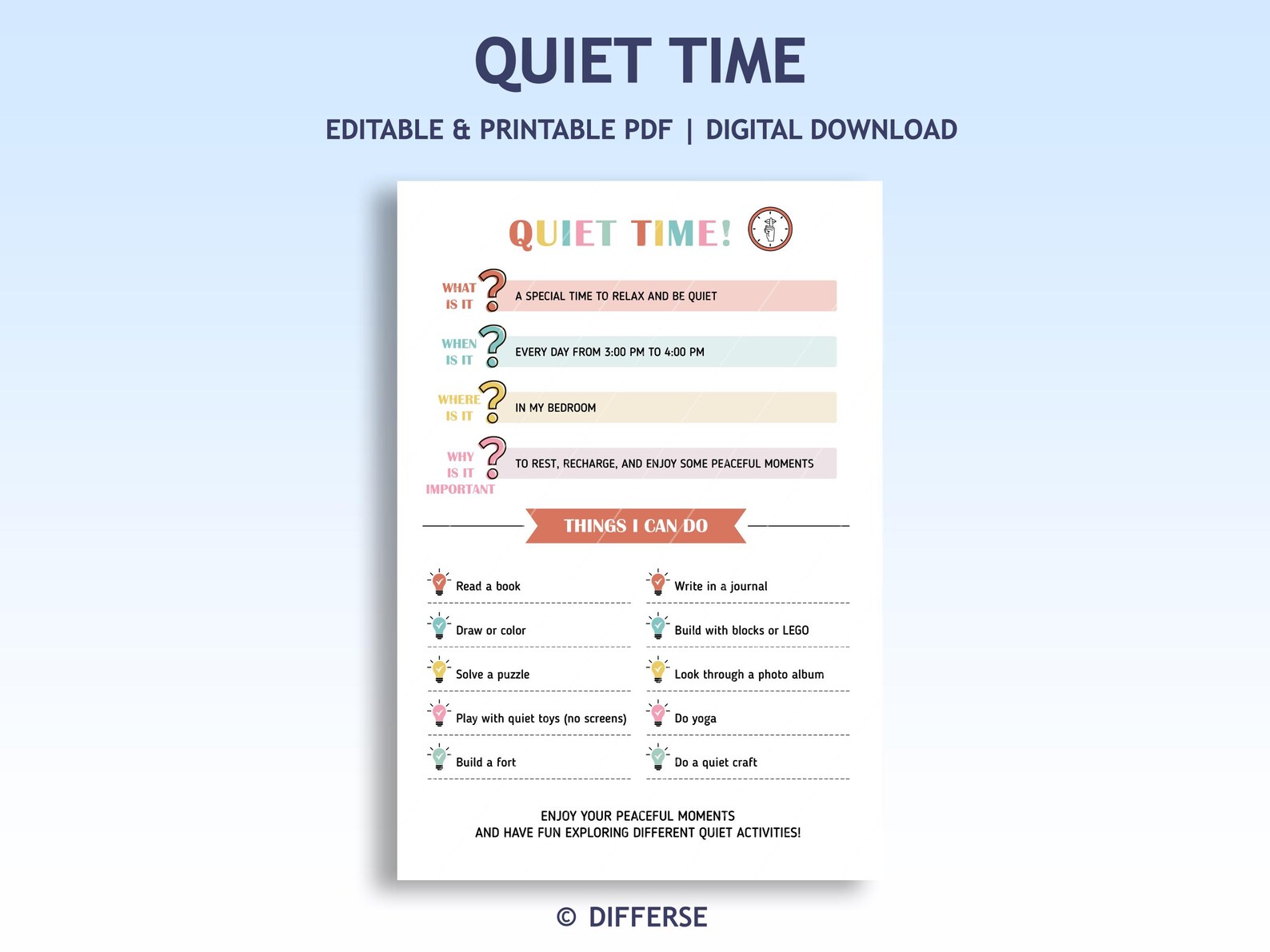 Quiet Time Chart for Kids | Editable Quiet Time Schedule | Printable ...