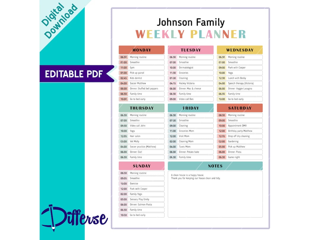 Family Weekly Planner Weekly Schedule Daily Planner Daily Task Tracker ...