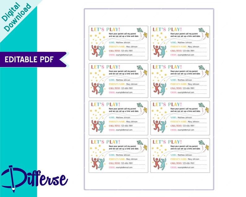 Play Date Cards Kids Contact Cards Calling Card for Kids - Etsy