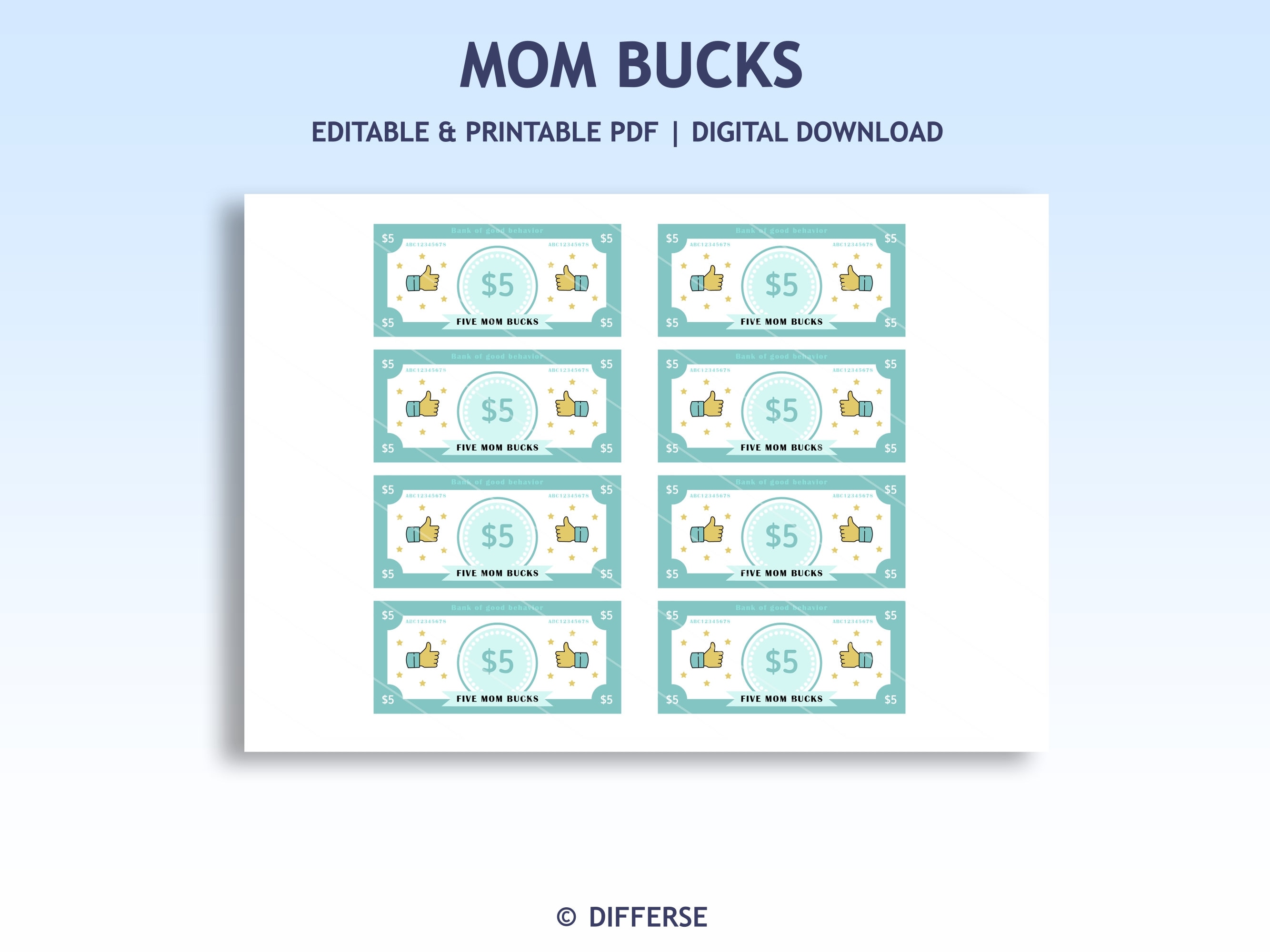 Editable Mom Bucks | PDF Reward System for Kids | Behavior Bucks ...