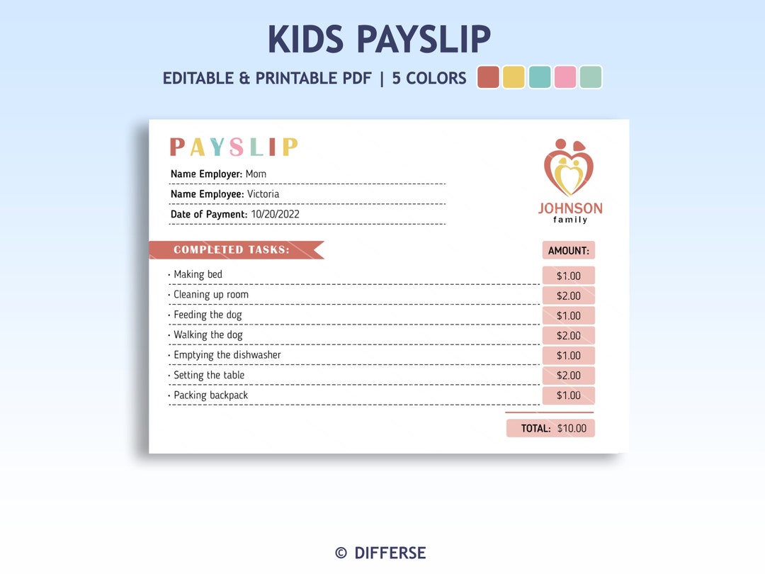 Editable Payslip for Kids | Reward System for Kids | Allowance Tracker ...