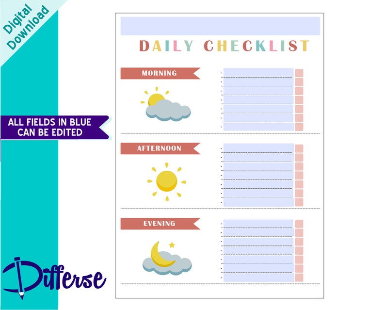 Editable Daily Chore Chart for Kids Daily Routine Chart - Etsy