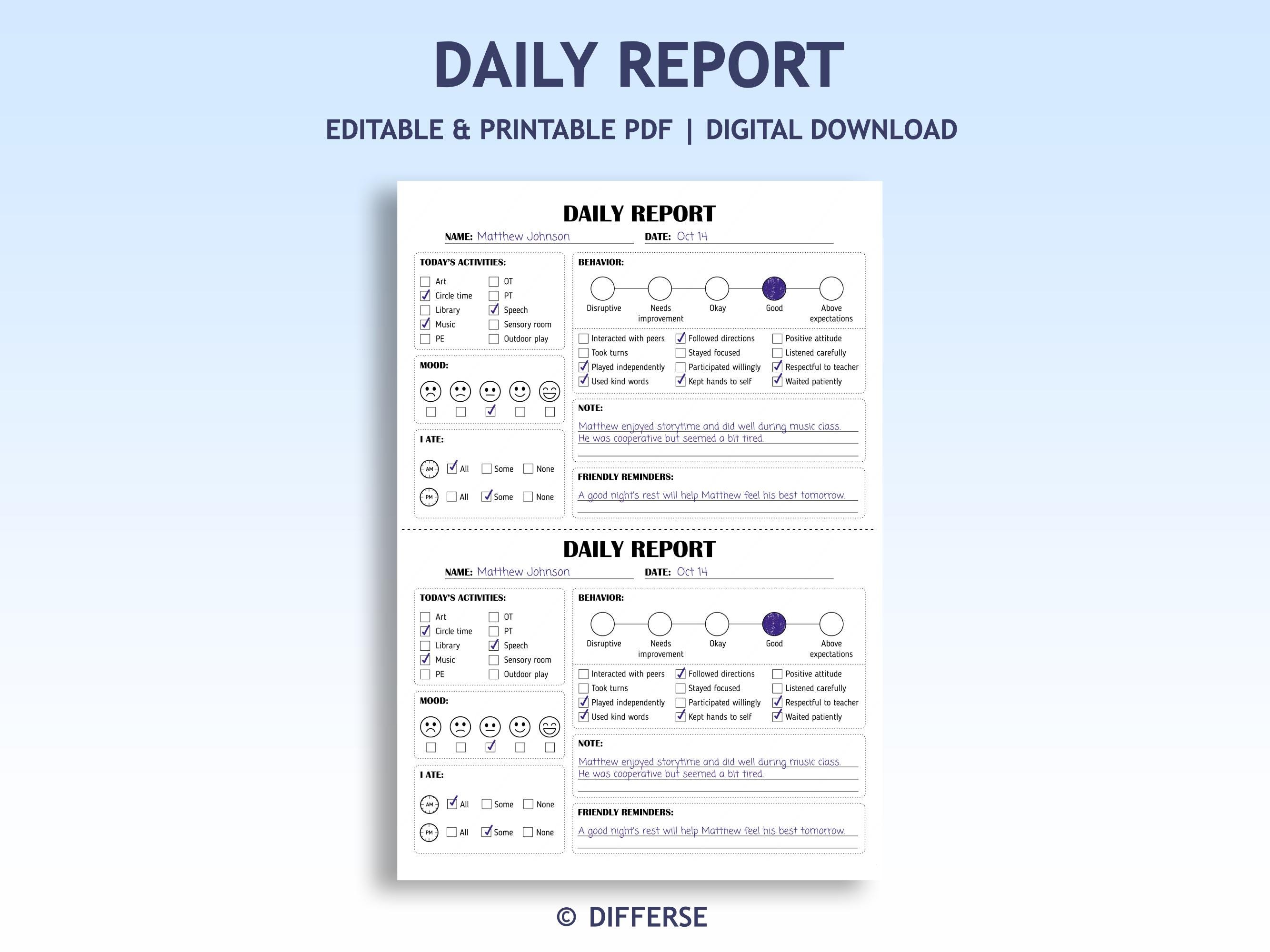 Editable Daily Report | Daily Behavior | Daily Report for Daycare ...