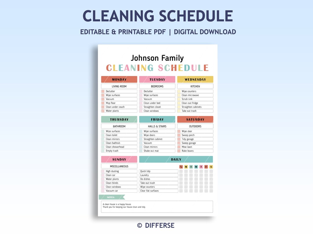 Editable Family Cleaning Schedule | Kids Cleaning Schedule | Cleaning ...