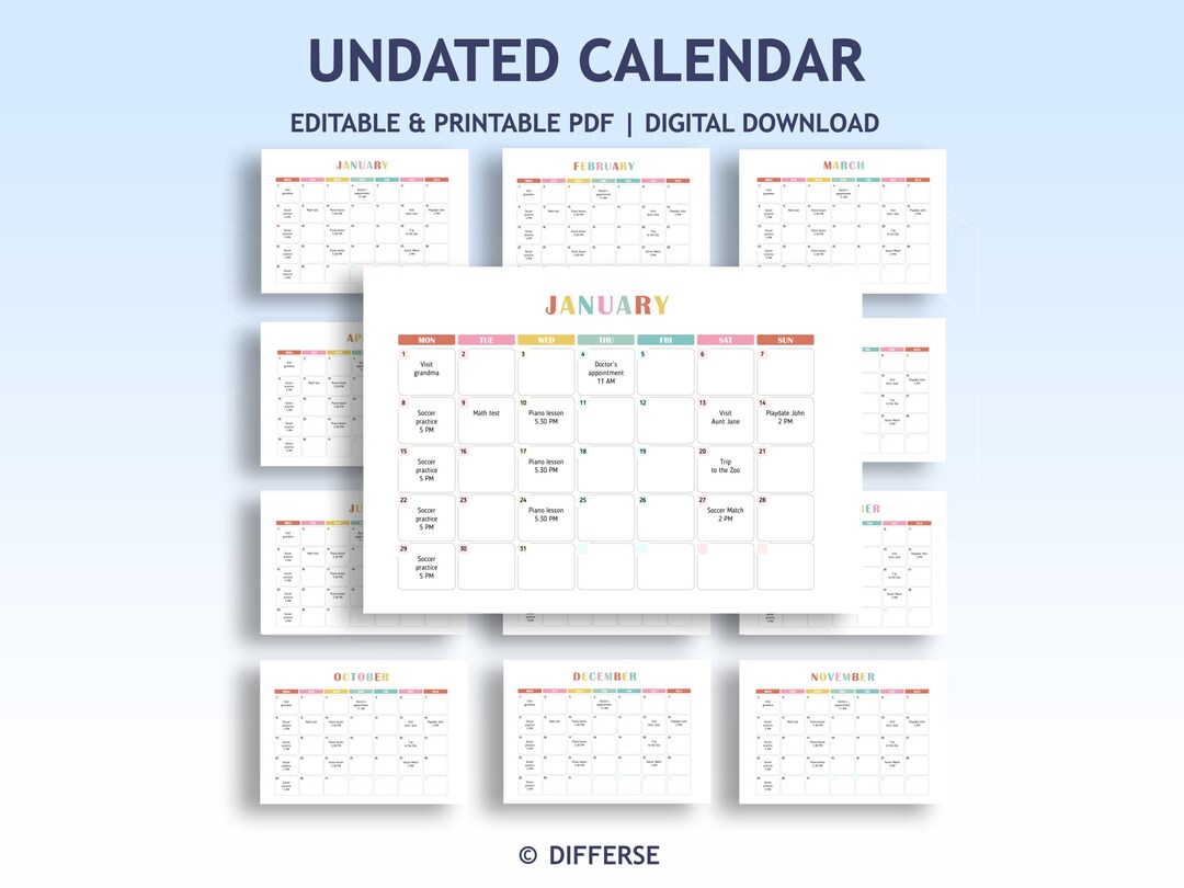 Undated Calendar for Kids | 12 Month Calendar Template | Kids Monthly ...