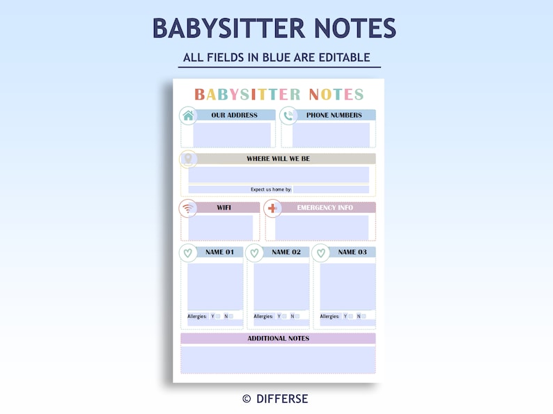 Babysitter Information Sheet | Babysitter Notes | Babysitter ...