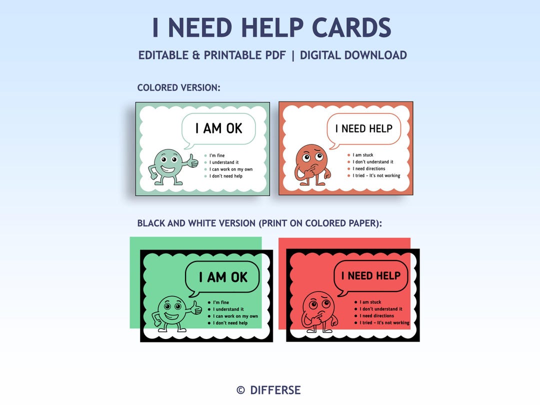 Editable I Need Help Cards Set | Desk Cards | I Need Help Visual | I ...