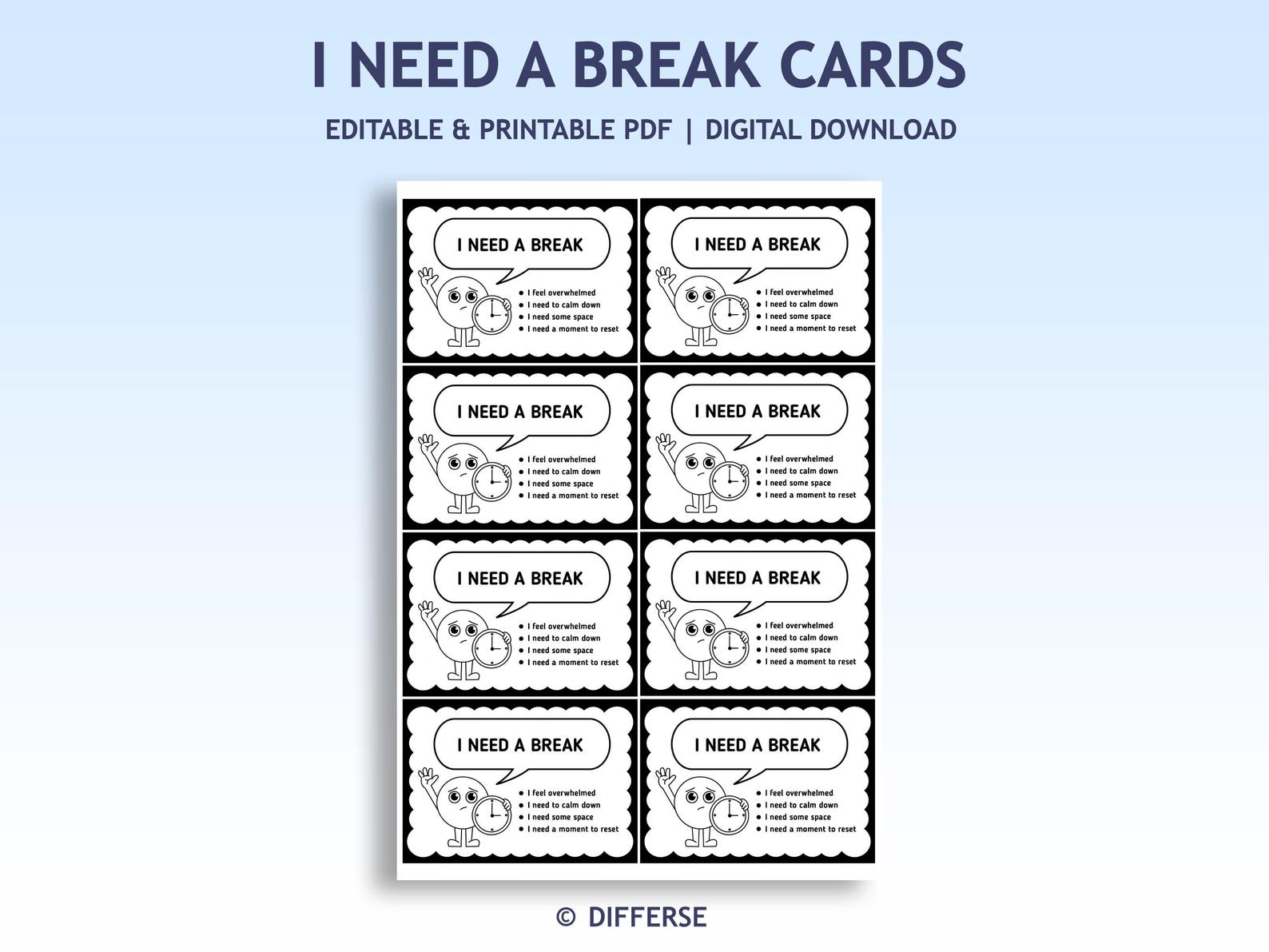 Editable I Need a Break Cards Set | Desk Cards | I Need a Break Visual ...