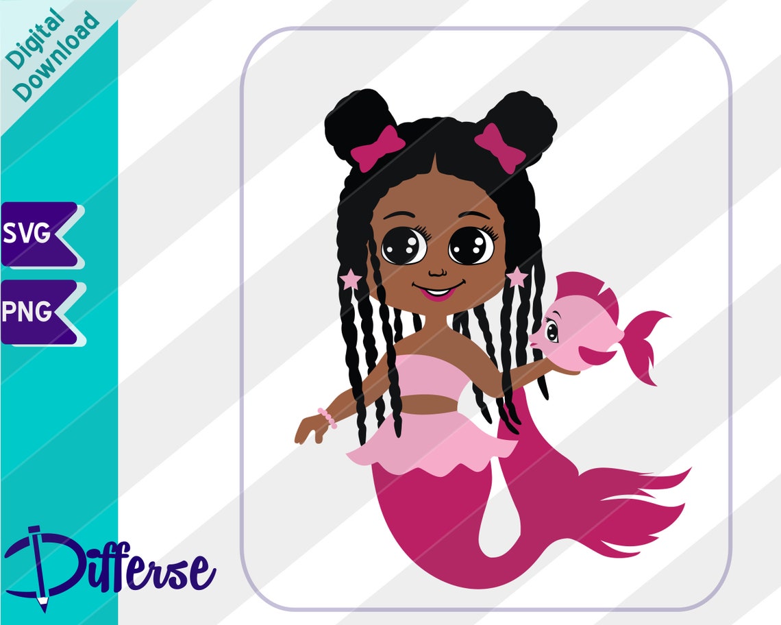 African American Mermaid With Cute Braids SVG Cut File & PNG - Etsy