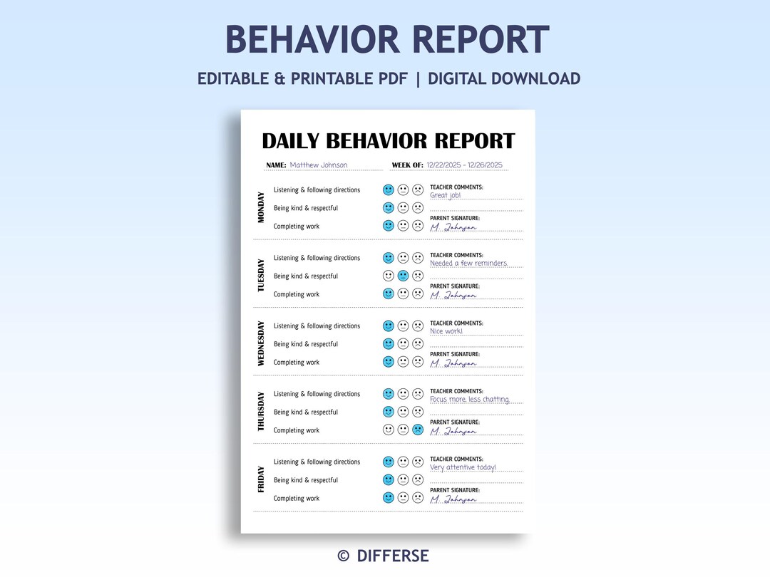 Editable Weekly Behavior Report Home | Student Behavior Tracker ...