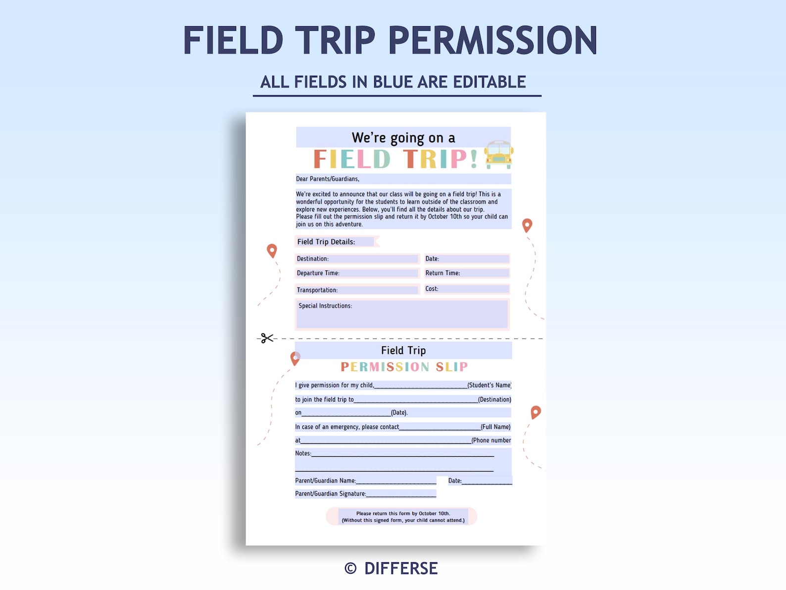 Editable Field Trip Permission Slip | Field Trip Form | Field Trip ...