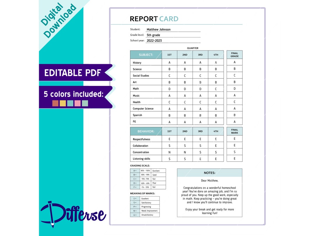 Homeschool Report Card Grade Card Template Editable Report Card ...