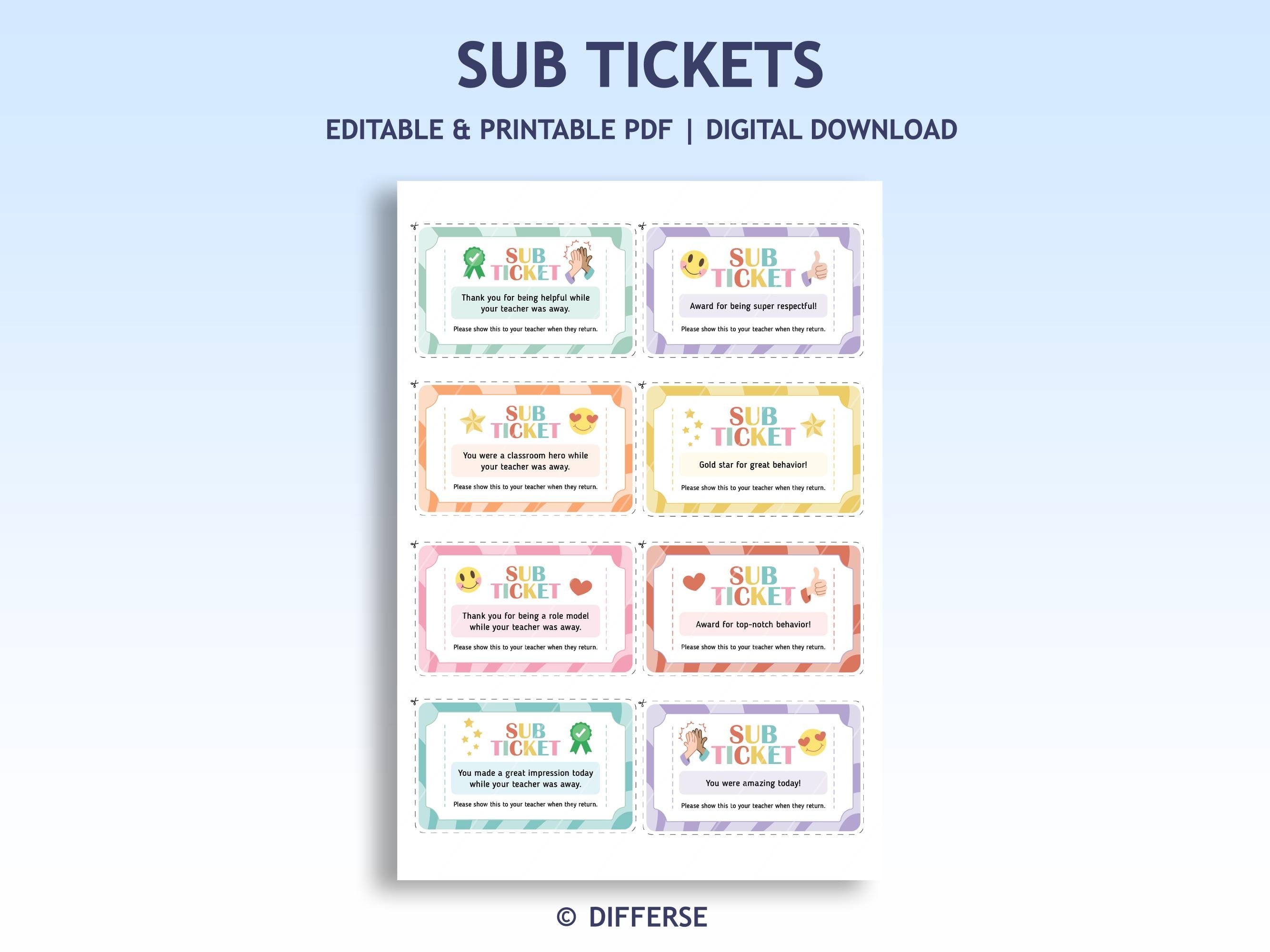 Sub Tickets | Substitute Tickets | Substitute Teacher Reward | Behavior ...