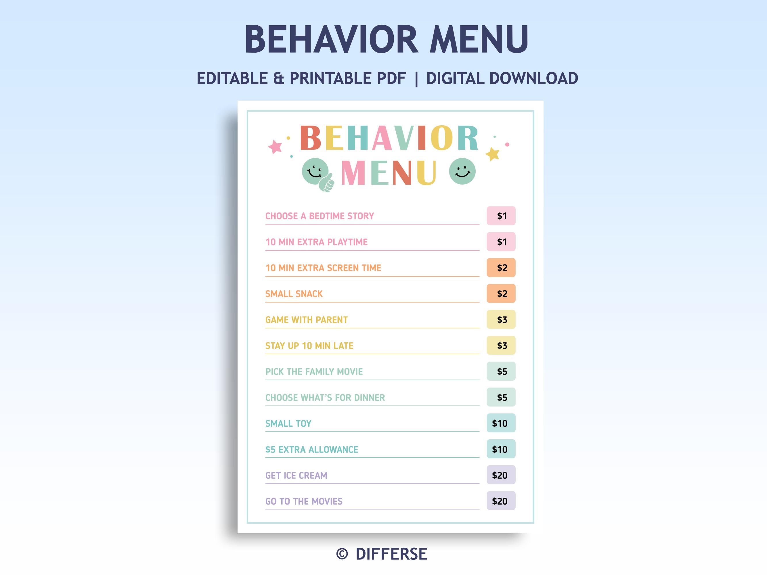 Behavior Menu Reward System for Kids | Mom Bucks | Play Reward Money ...