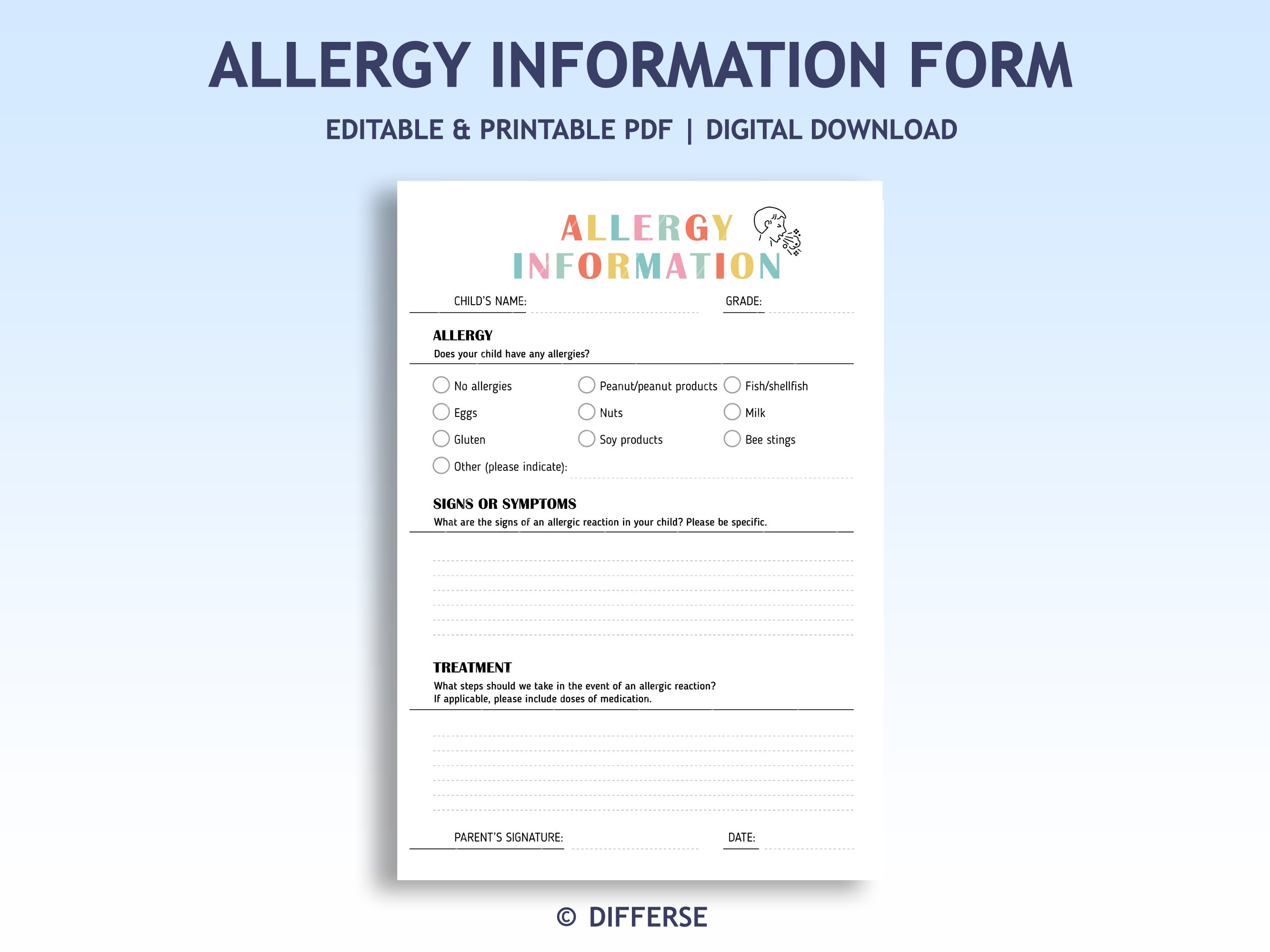 Allergy List + Allergy Information Sheet | Child Allergy Form ...