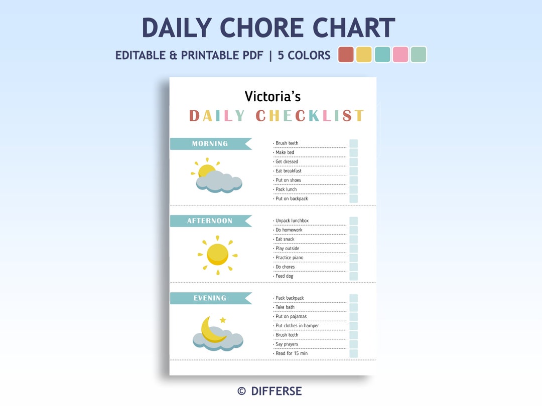 Editable Daily Chore Chart for Kids | Daily Routine Chart | Daily ...