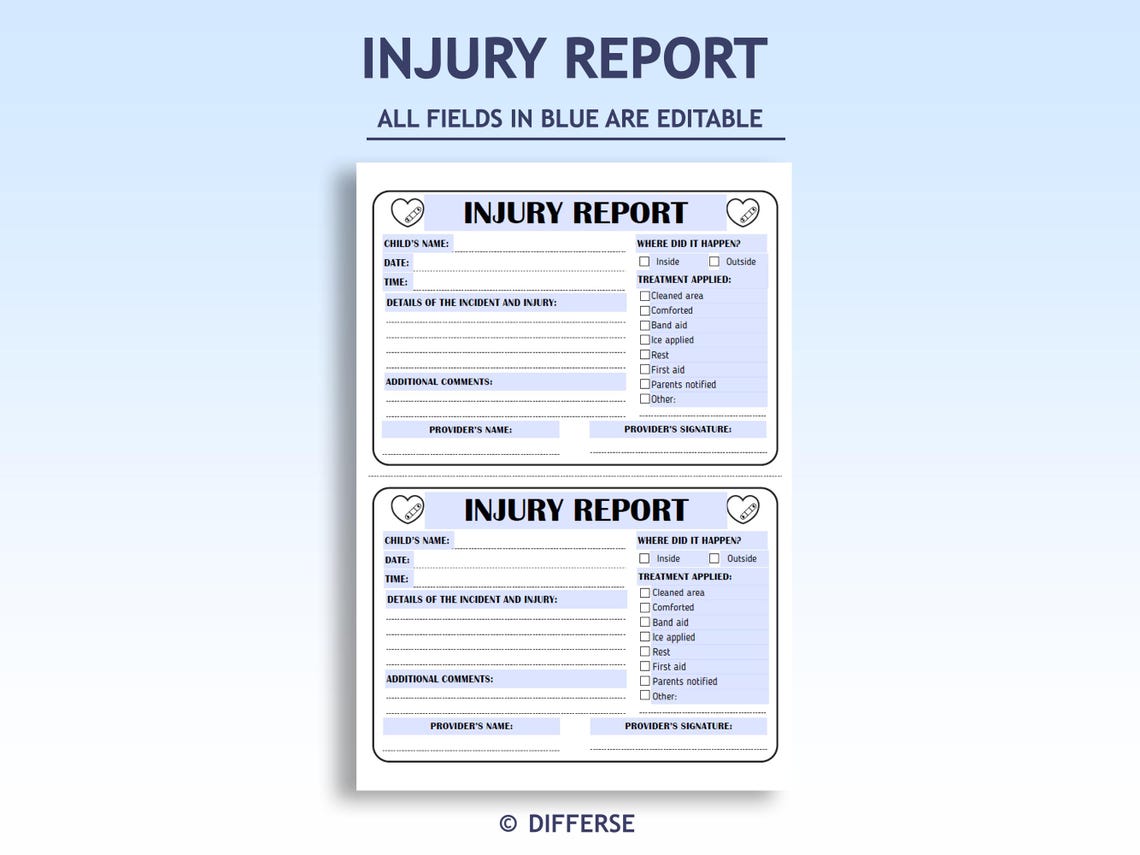 Editable Injury Report | Printable Incident Report Form | Accident ...