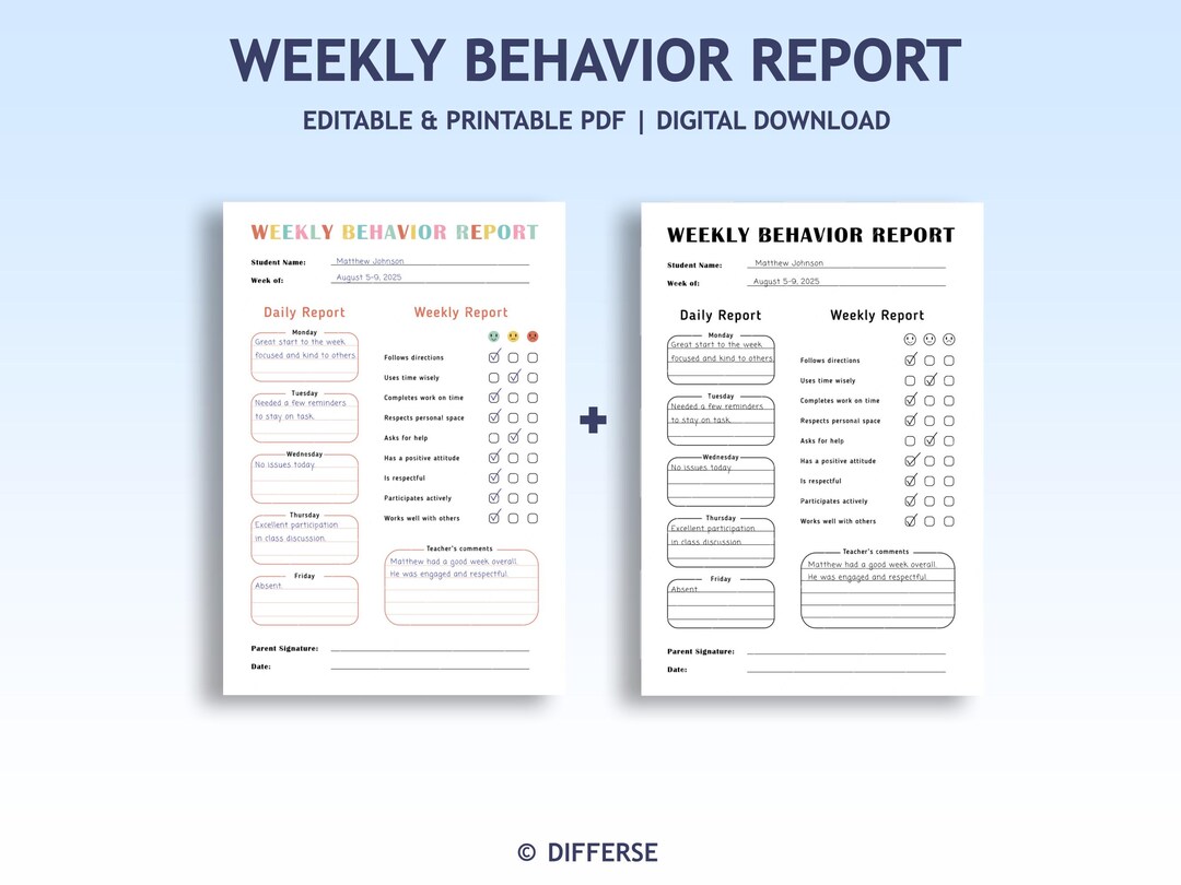 Editable Weekly Behavior Report | Behavior Log | Behavior Chart ...