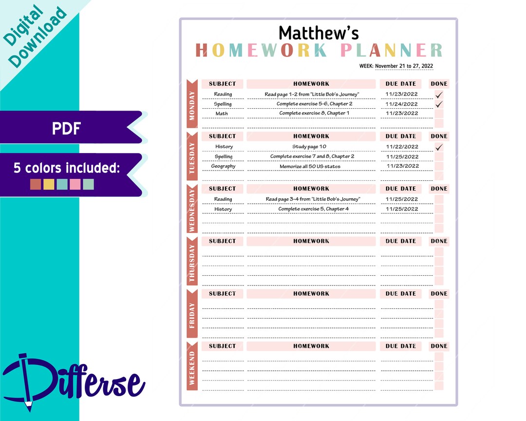 Printable Homework Planner Homework Chart Homework Tracker Homeschool ...